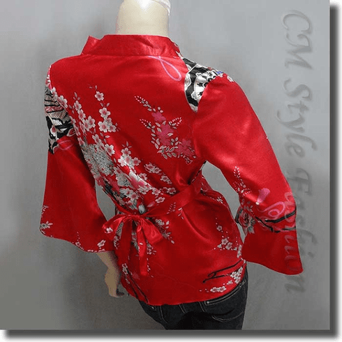 Japan Kimono Style Silky Satin Blouse Top Red