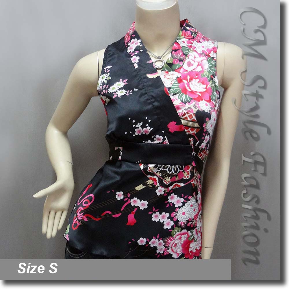 Japanese Kimono Sleeveless Blouse Top Black
