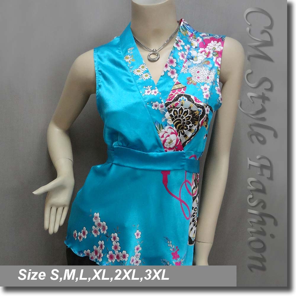 Japanese Kimono Sleeveless Floral Tank Top Blue