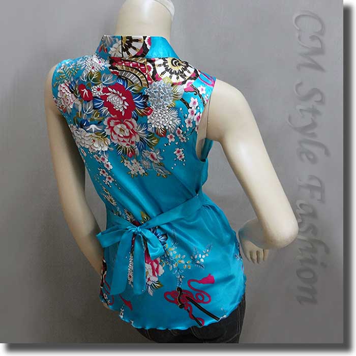 Japanese Kimono Sleeveless Floral Tank Top Blue