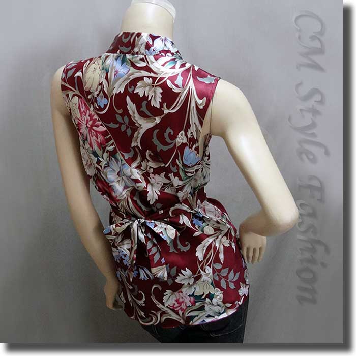 Japanese Kimono Sleeveless Floral Tank Top Burgundy