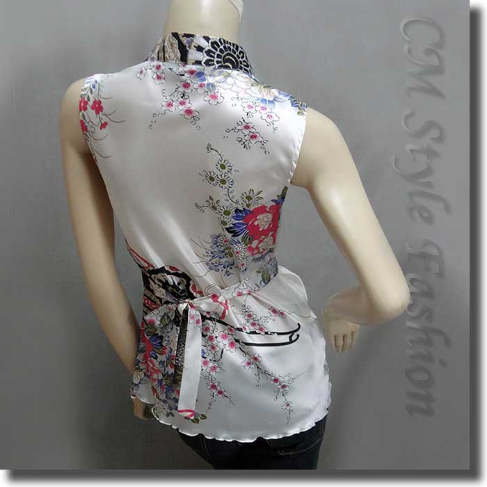 Japanese Kimono Sleeveless Floral Tank Top White