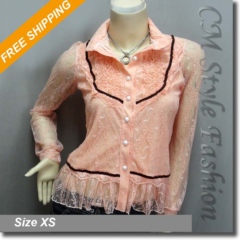 Lace Ruffled Shirt Blouse Boho Top Light Orange