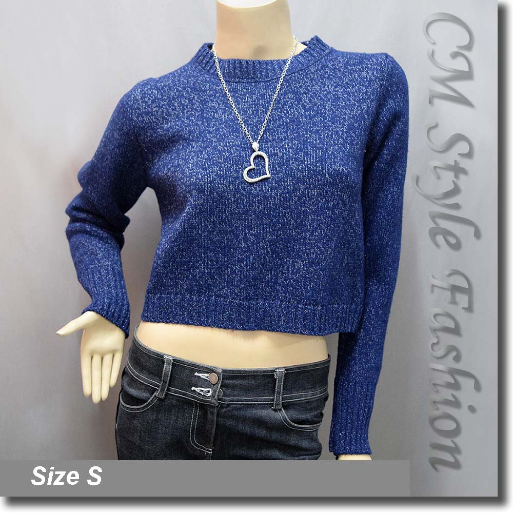Lace Up Boxy Cropped Sweater Blouse Knit Top Blue