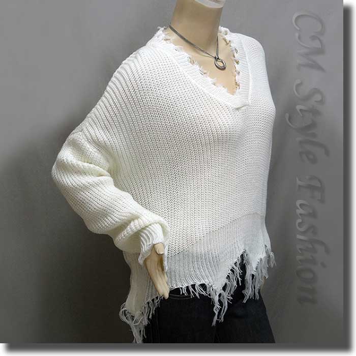 Ribbed Knit Grunge Shredded Boxy Sweater Pullover with Rips Top Off White