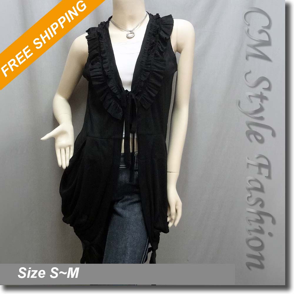 Ruffled Ruched Front Tie Layering Vest Top Black