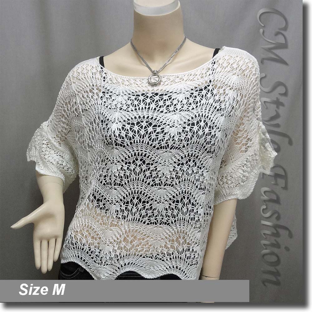 Scallop Edge Knit Mesh Sweater Top White