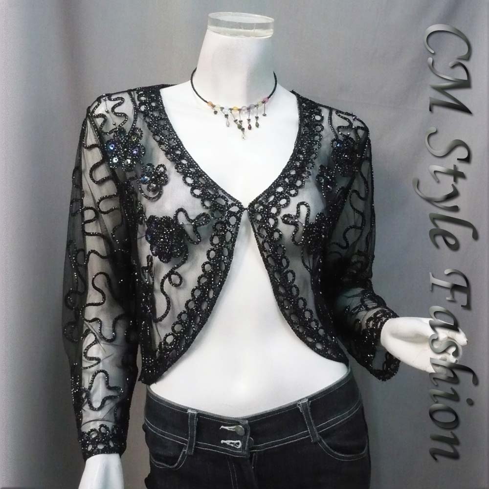 Sequined Embroidery Shrug Bolero (Long Sleeves) Black