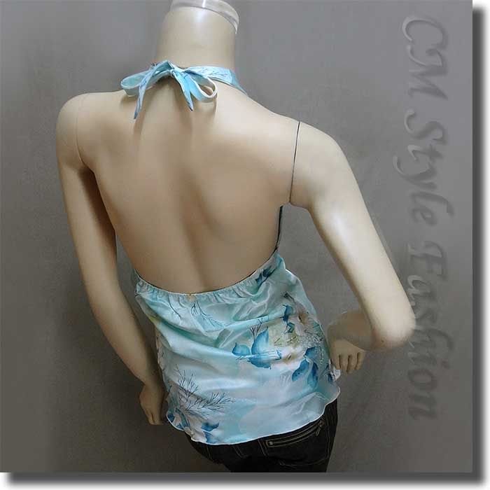 Sexy Floral Halter Back Tie Silky Satin Bare Back Top Blue