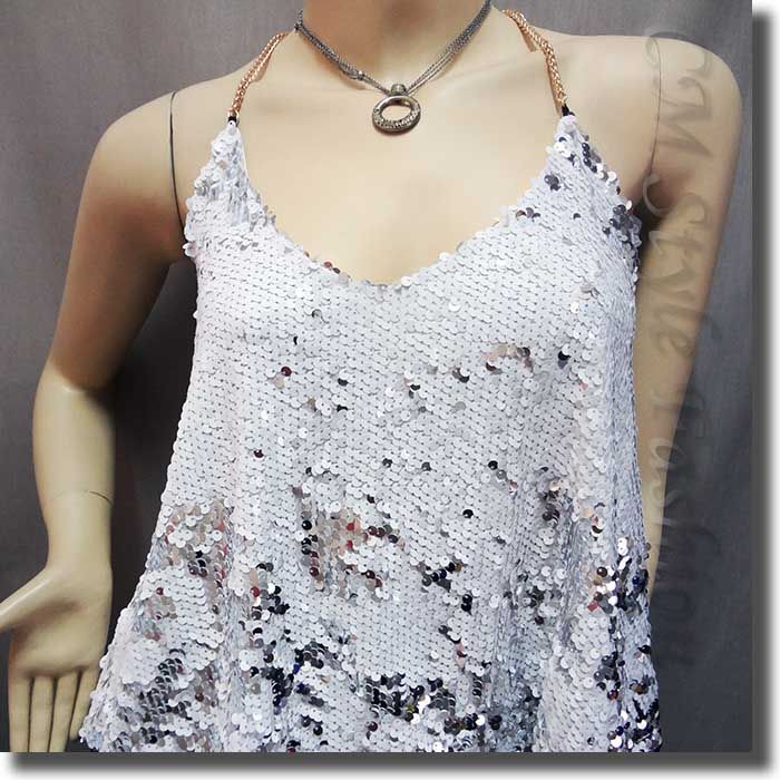 Sexy Glamorous Sequined Bling Bling Camisole Blouse Top White Silvery
