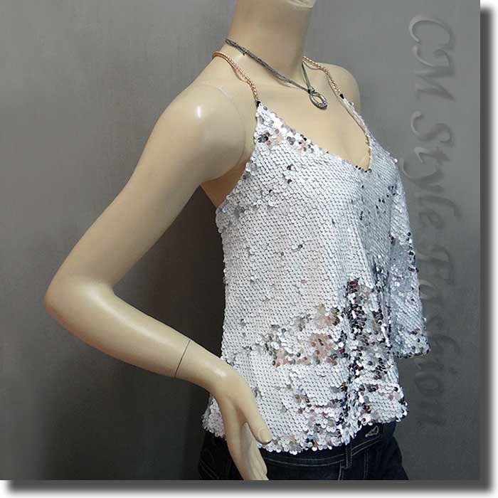 Sexy Glamorous Sequined Bling Bling Camisole Blouse Top White Silvery