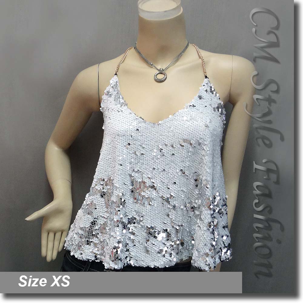 Sexy Glamorous Sequined Bling Bling Camisole Blouse Top White Silvery