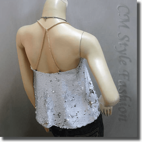 Sexy Glamorous Sequined Bling Bling Camisole Blouse Top White Silvery