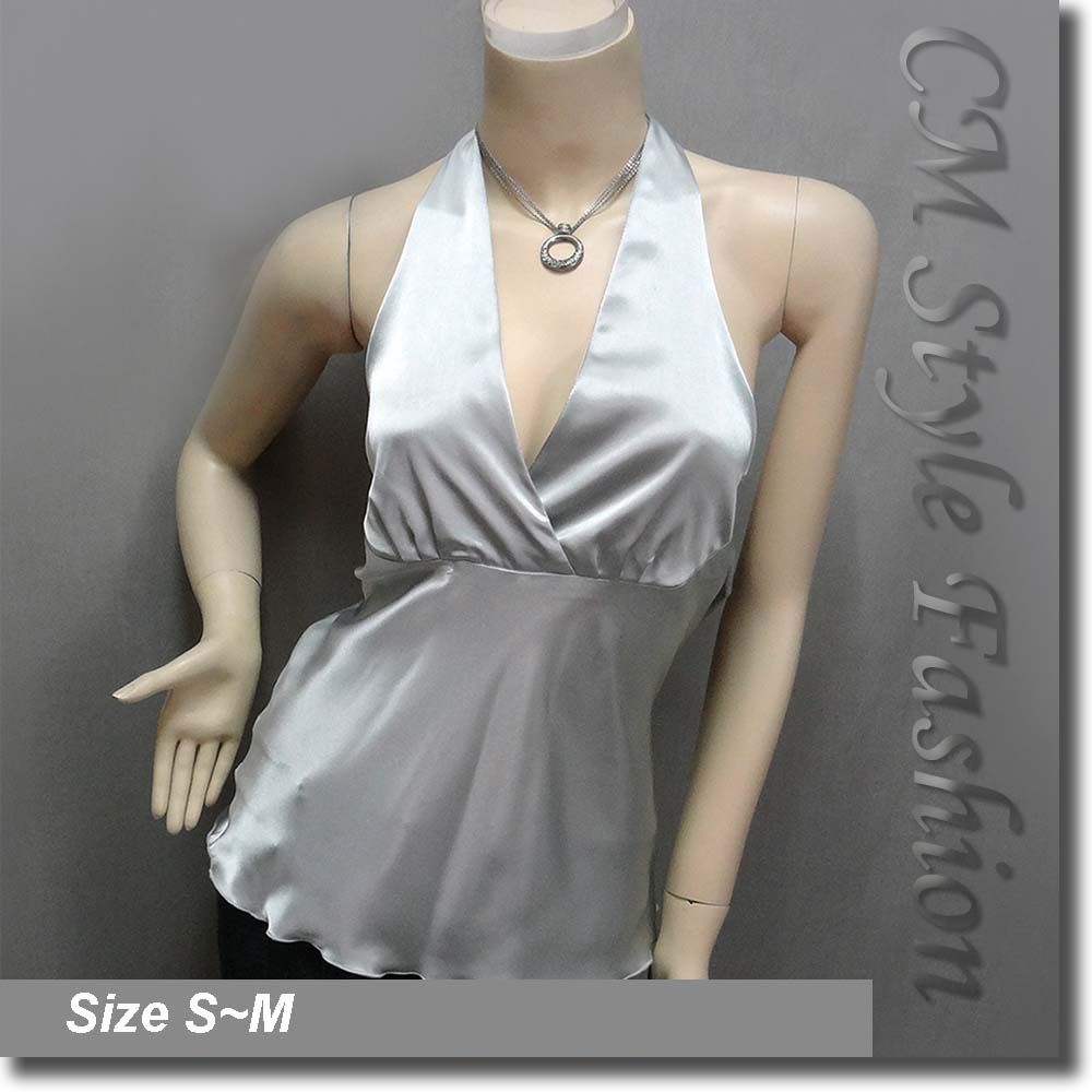 Sexy Halter Back Tie Silky Satin Bare Back Top Gray