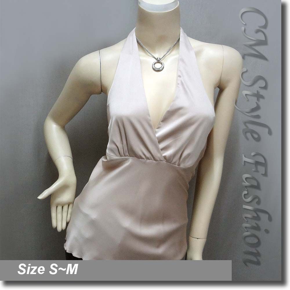 Sexy Halter Back Tie Silky Satin Bare Back Top Light Brown