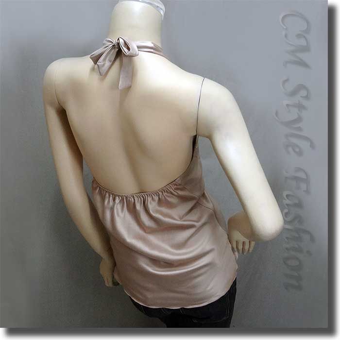 Sexy Halter Back Tie Silky Satin Bare Back Top Light Brown