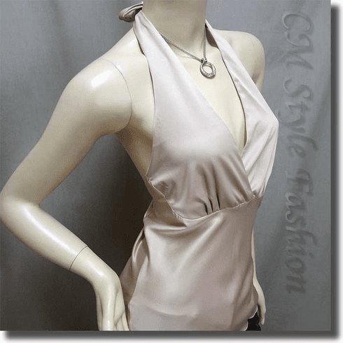 Sexy Halter Back Tie Silky Satin Bare Back Top Light Brown