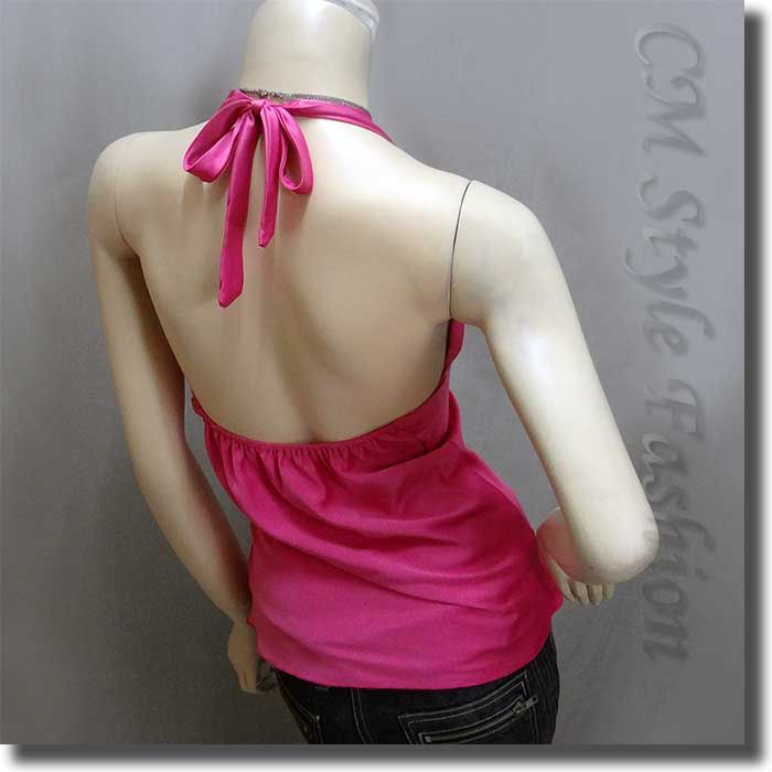 Sexy Halter Back Tie Silky Satin Bare Back Top Pink