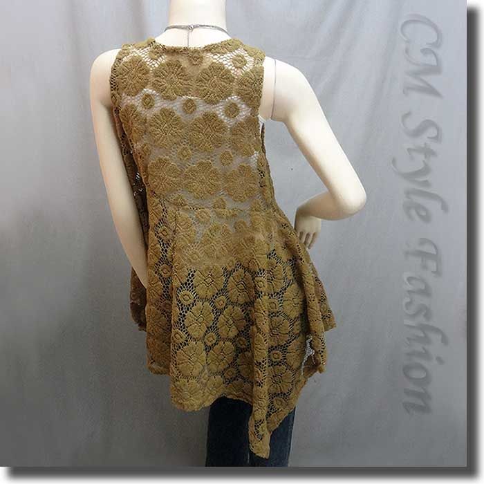 Sheer Front Knot Lace A Line Flowy Tunic Top Brown