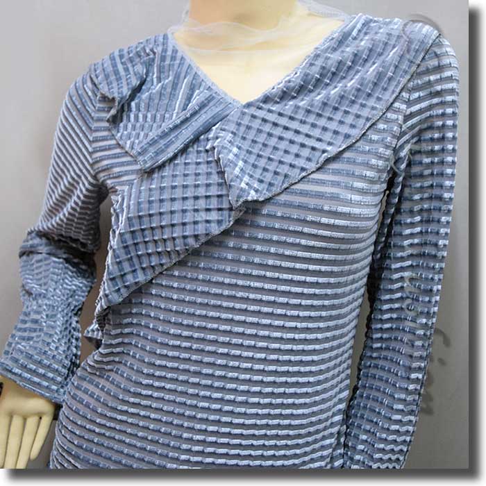 Sheer Mesh Neckline Ruffled Boho Blouse Top Gray