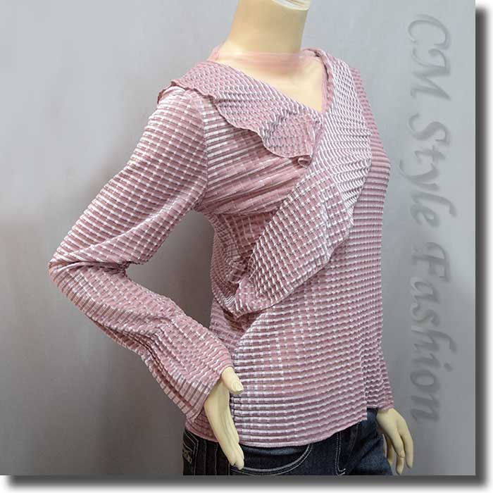 Sheer Mesh Neckline Ruffled Boho Blouse Top Pink