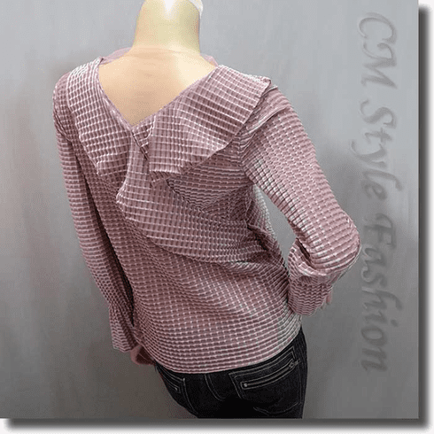 Sheer Mesh Neckline Ruffled Boho Blouse Top Pink