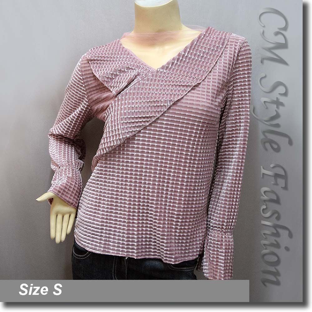 Sheer Mesh Neckline Ruffled Boho Blouse Top Pink