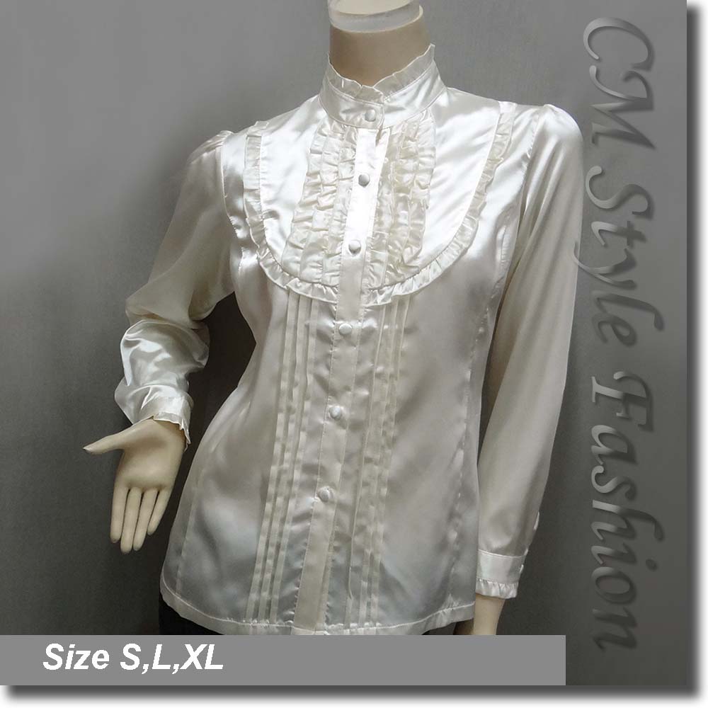 Victorian Style Ruffled Satin Elegant Blouse Shirt Top Cream