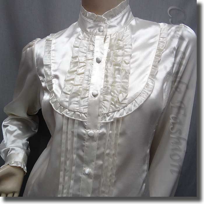 Victorian Style Ruffled Satin Elegant Blouse Shirt Top Cream