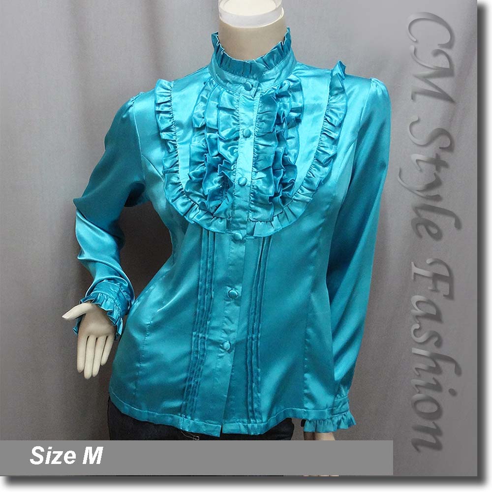 Victorian Style Ruffled Satin Elegant Blouse Shirt Top Turquoise Blue