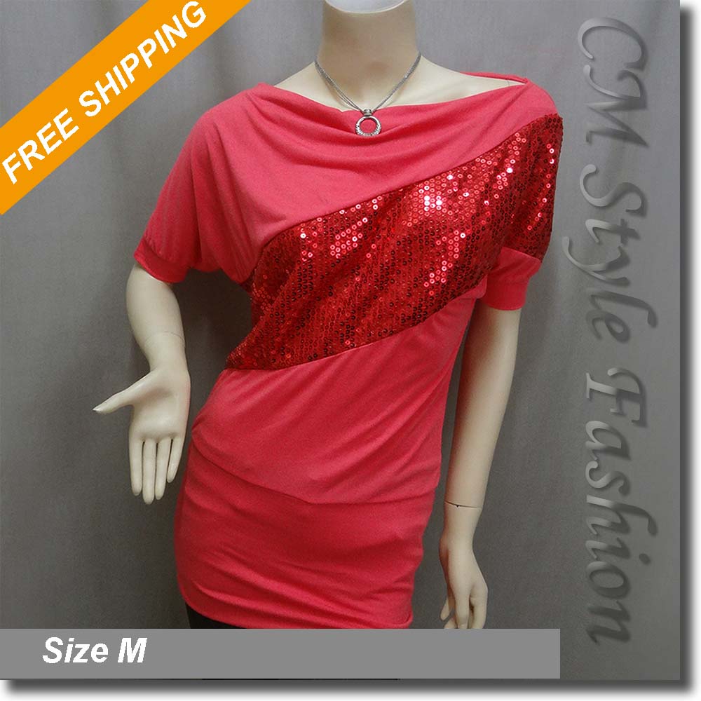 Wide Neckline Sequined Tunic Top Red
