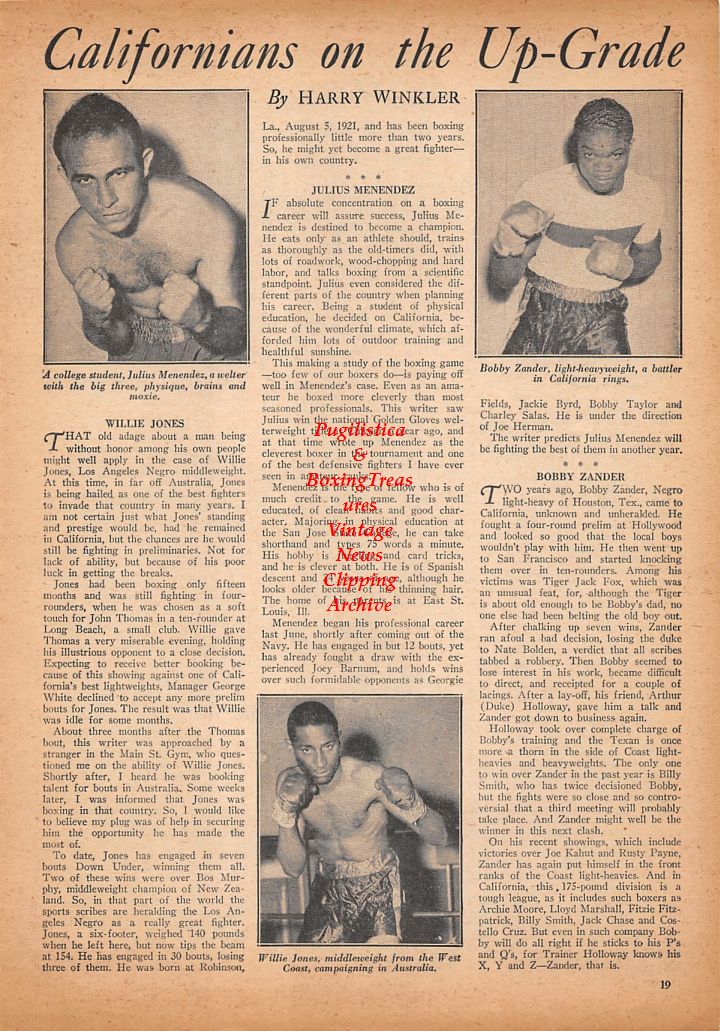 Boxing News Clipping #441 - Julius Menendez, Bobby Zander, Willie Jones ...