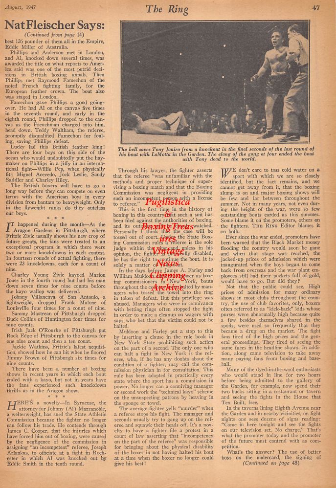 Boxing News Clipping #452 - Tony Janiro vs. Jake LaMotta