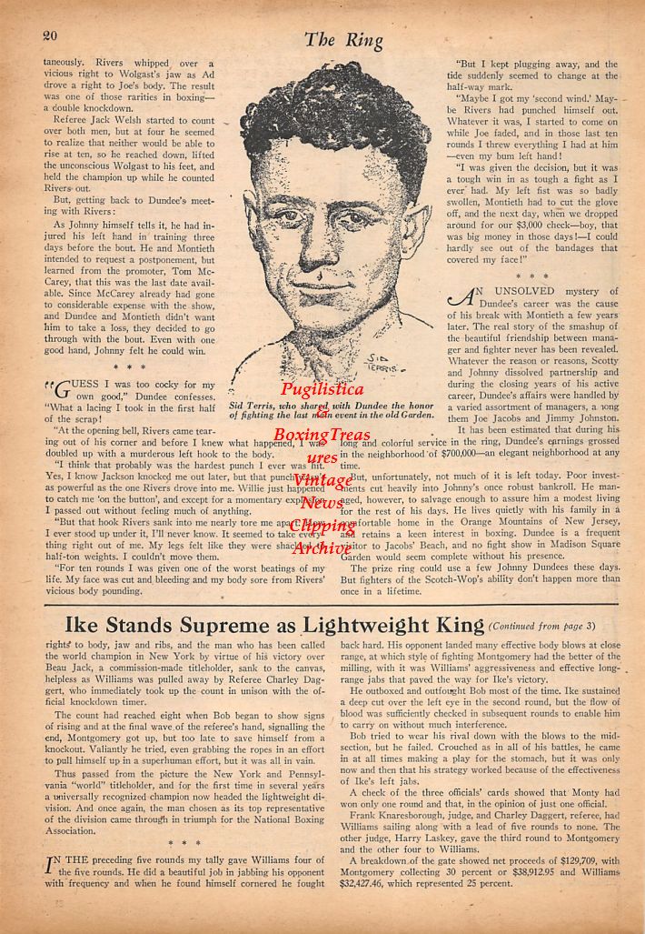 Boxing News Clipping #494 - Joe Welling vs. Johnny Dundee, Sid Terris