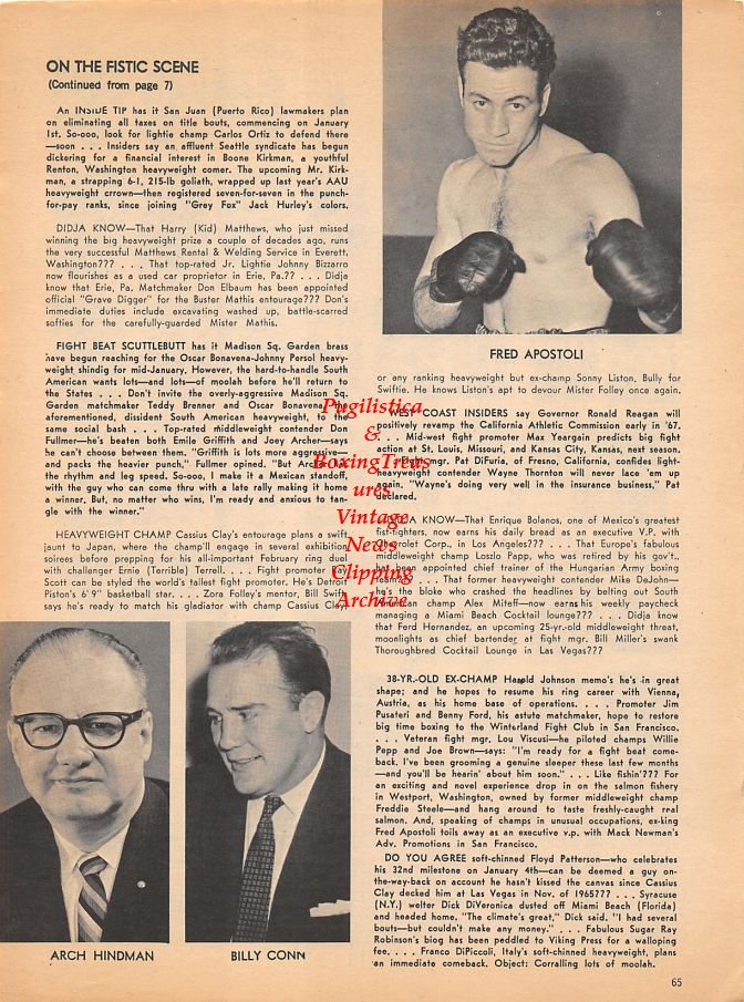 Boxing News Clipping #971 - Fred Apostoli, Arch Hindman, Billy Conn