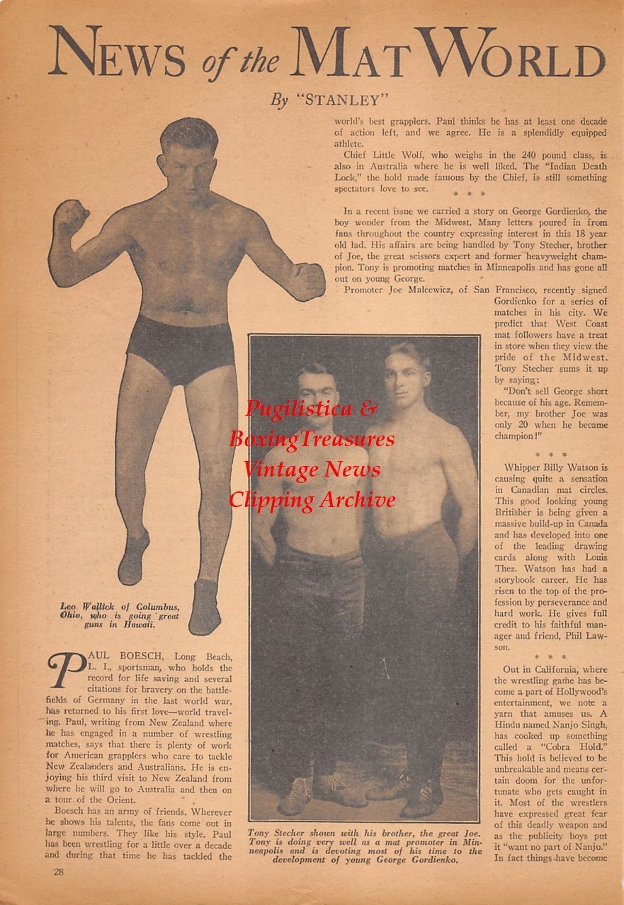 Wrestling News Clipping #228 - Leo Wallick, Tony Stecher, Joe Stecher ...