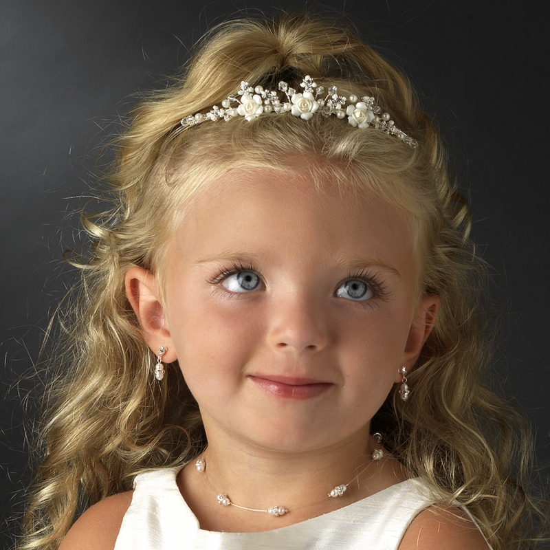 Childrens Flowergirl Crystal & Ivory Rum Porcelain Tiara HPC 9323