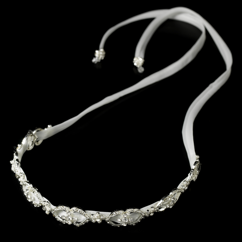 * Elegant White or Ivory Pearl Bridal Ribbon Headband 6469