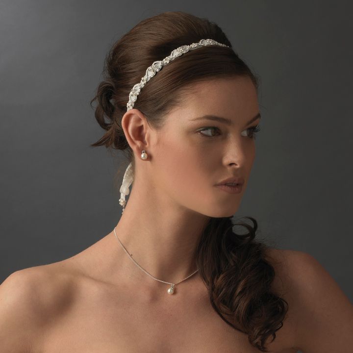 * Elegant White or Ivory Pearl Bridal Ribbon Headband 6469