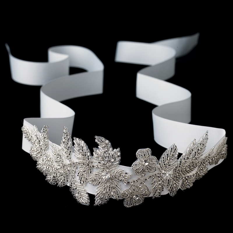 Floral Leaf Sash Belt/Headband with Silver Bugle Beads & Rhinestones ...