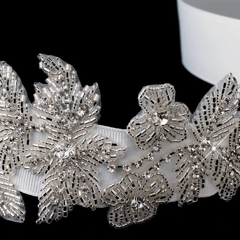 Floral Leaf Sash Belt/Headband with Silver Bugle Beads & Rhinestones ...