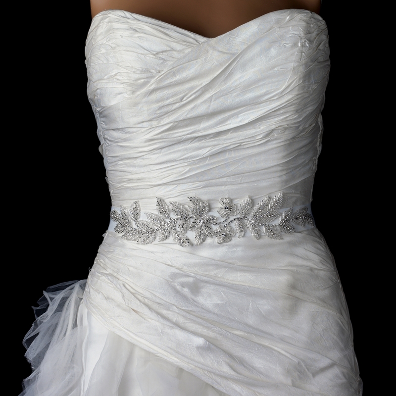 Floral Leaf Sash Belt/Headband with Silver Bugle Beads & Rhinestones ...