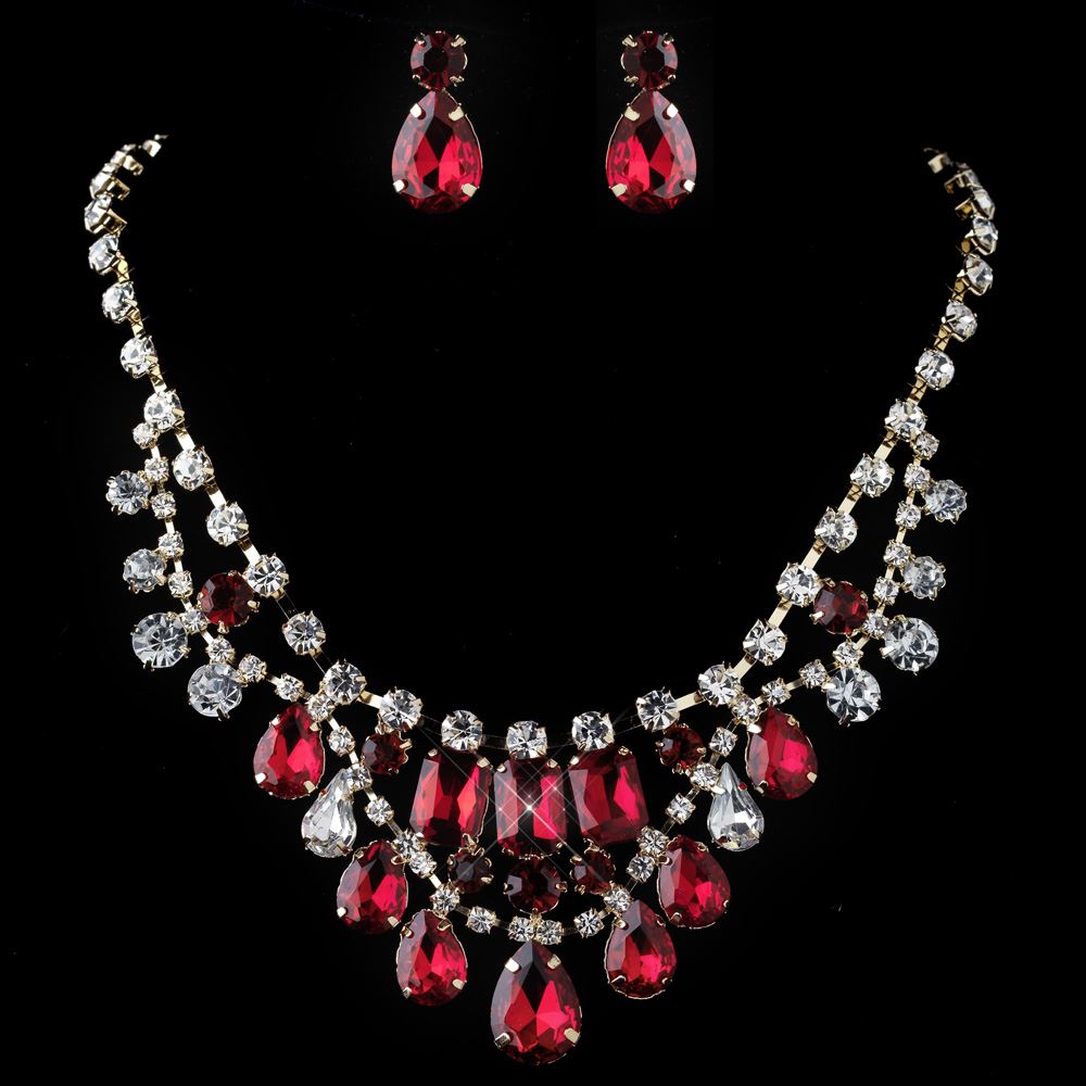 Gold Red & Clear Pear & Radiant Cut Rhinestone Jewelry Set 82051