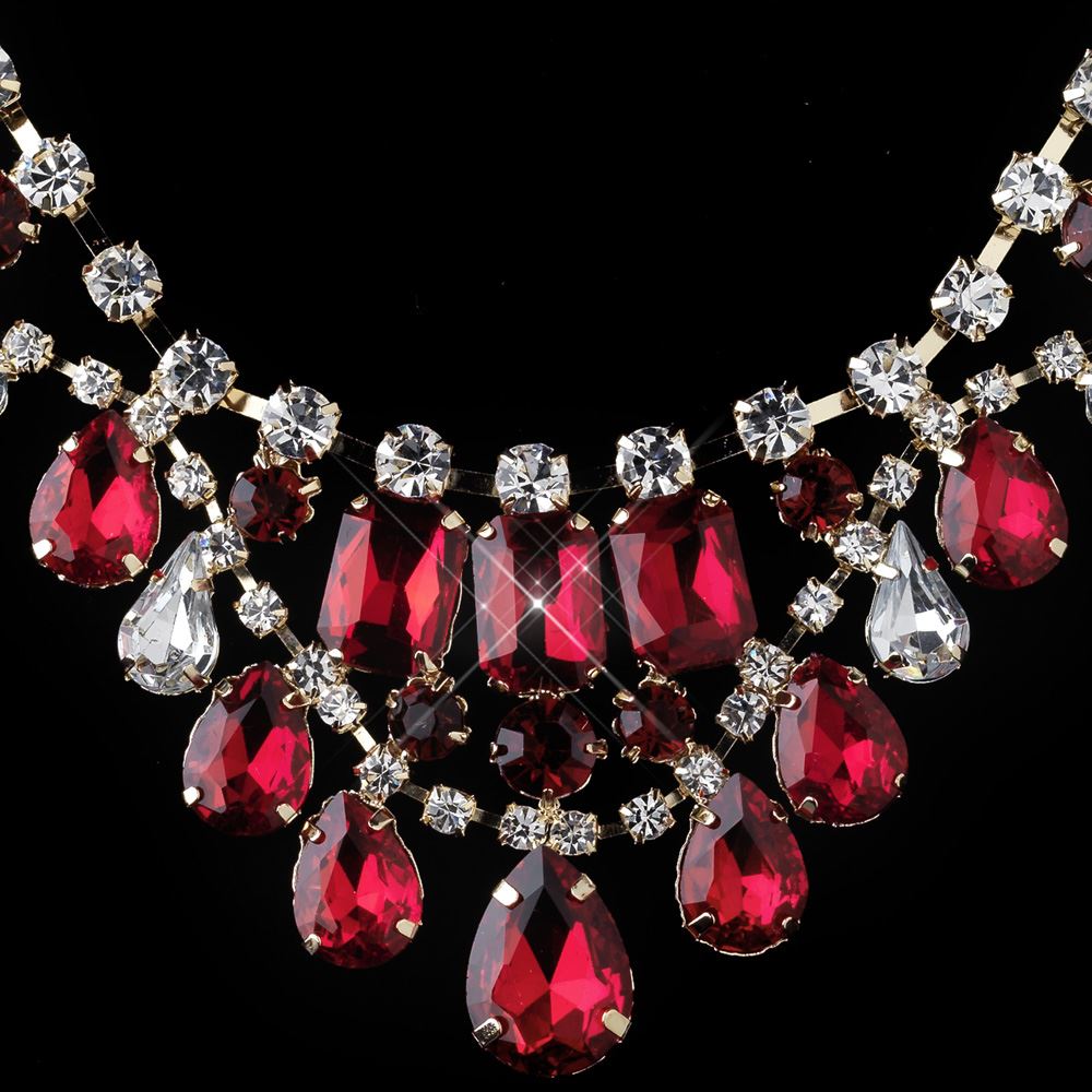 Gold Red & Clear Pear & Radiant Cut Rhinestone Jewelry Set 82051