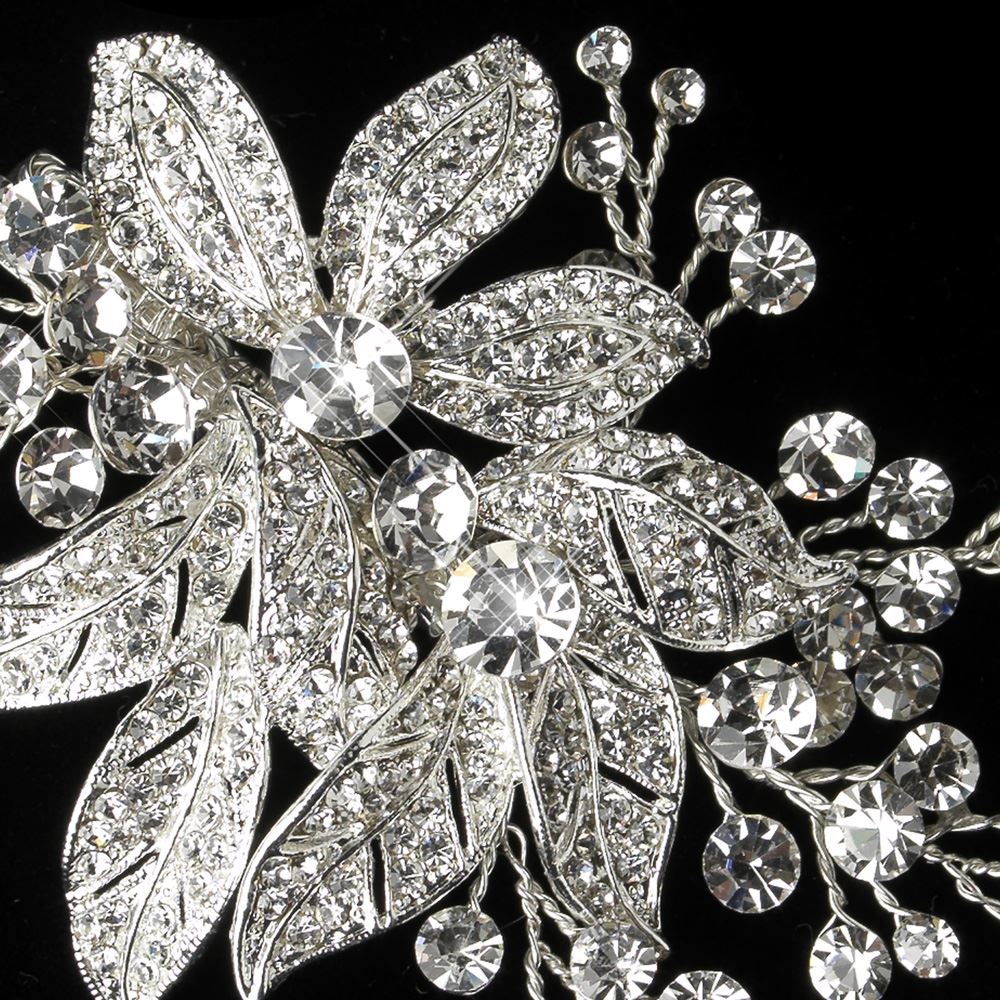 Silver Clear Rhinestone Floral Vine Leaves Clip 378
