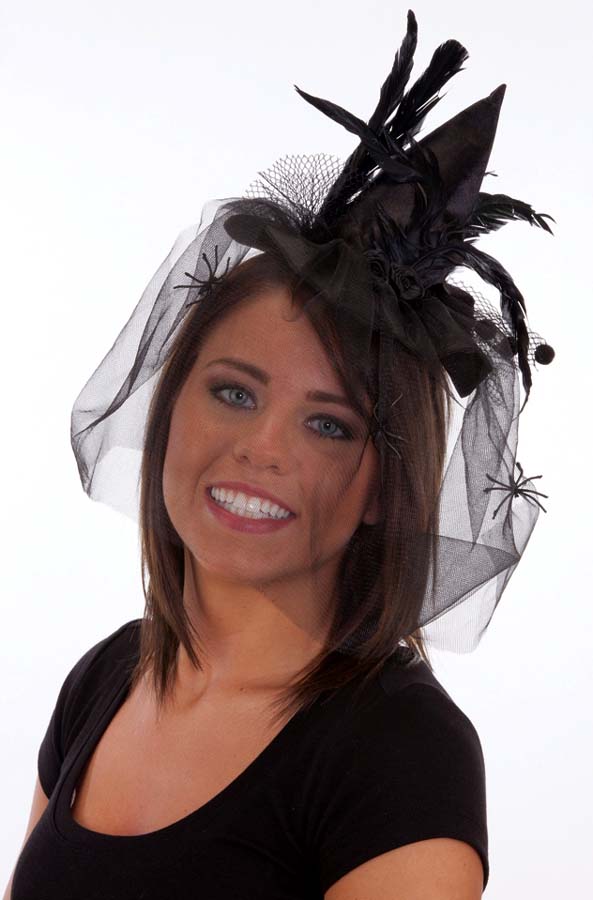 Black Mini Witch Hat With Spider Veil - Candy Apple Costumes - Gothic ...