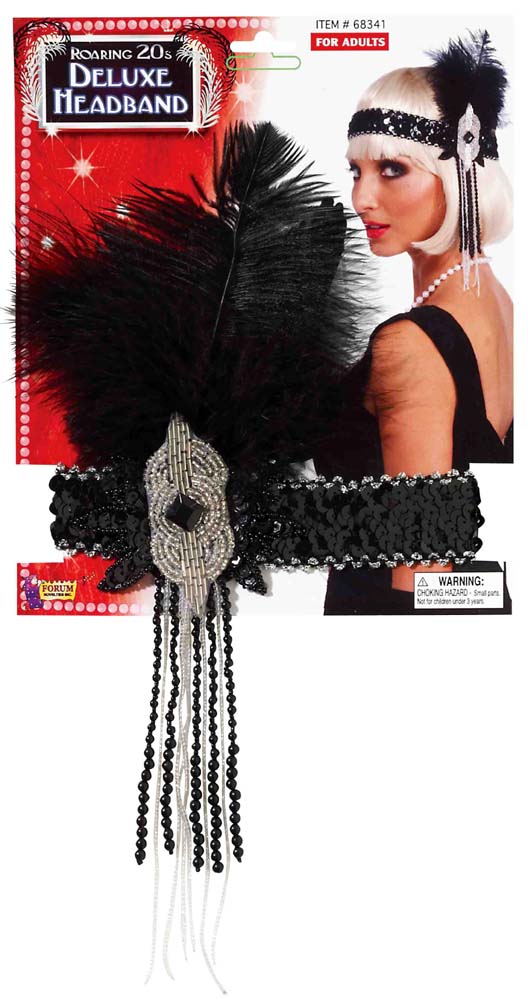Deluxe Black Beaded Flapper Headband w Feather