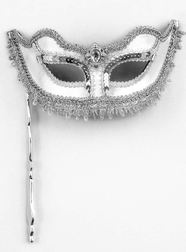 Silver Venetian Mask With Stick - Candy Apple Costumes - Colonial Costumes