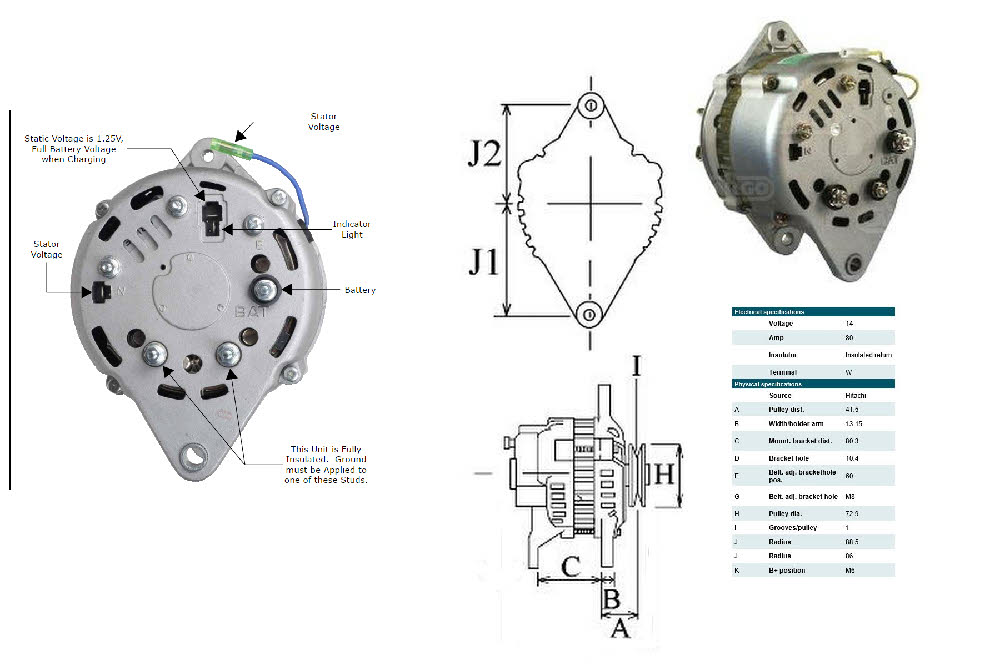 Alternator Parts List for Yanmar 119573-77200, 119573-77201, 129470 ...