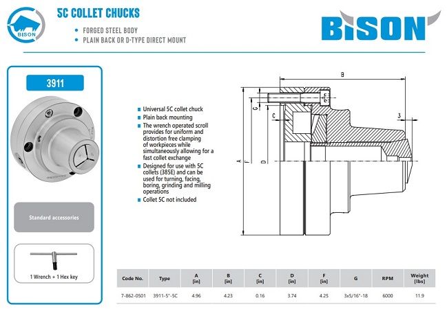 NEW 5C Bison Lathe Collet Chuck 5" + ONE ADAPTER PLATE